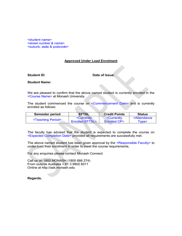 Monash University Enrollment Confirmation Letter