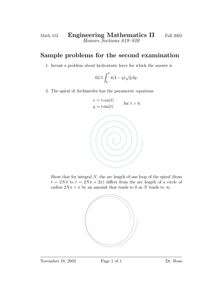 Engineering Mathematics II Sample problems for the second examination ...