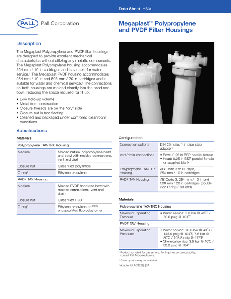 Megaplast Filter Housings: Polypropylene & PVDF Data Sheet