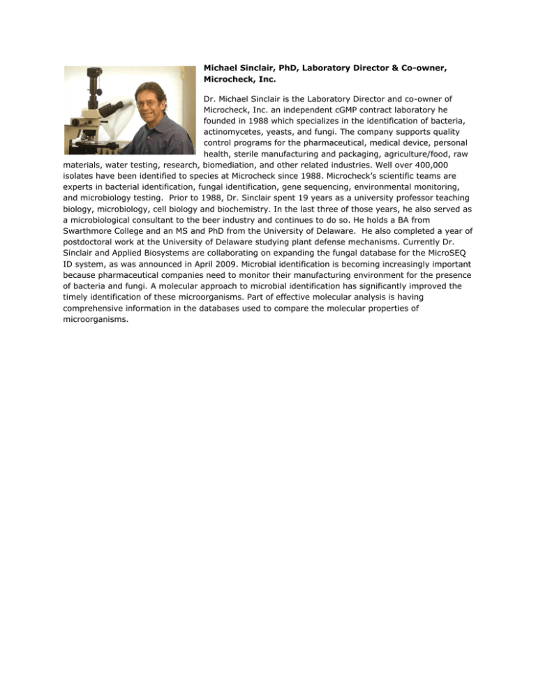 Michael Sinclair, PhD, Laboratory Director & Co-owner, Microcheck, Inc.