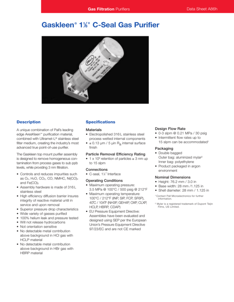 Gaskleen Gas Purifier Data Sheet | Pall Corporation