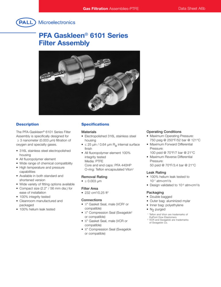 PFA Gaskleen® 6101 Gas Filter Assembly Data Sheet