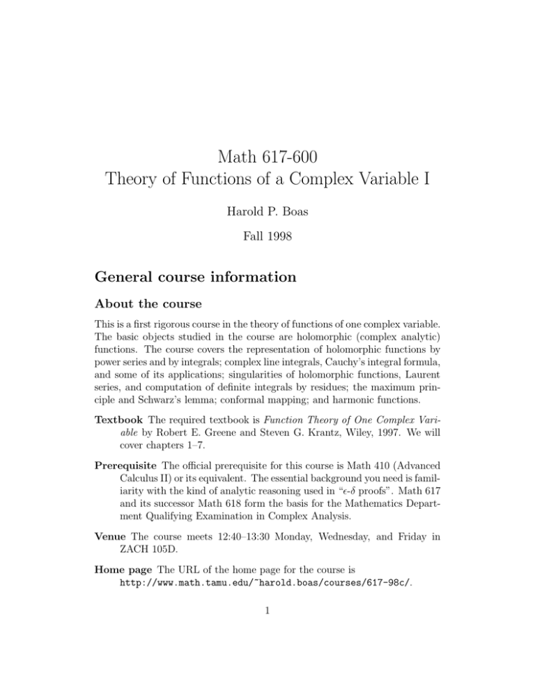 Math 617 Complex Variable Theory Syllabus, Fall 1998