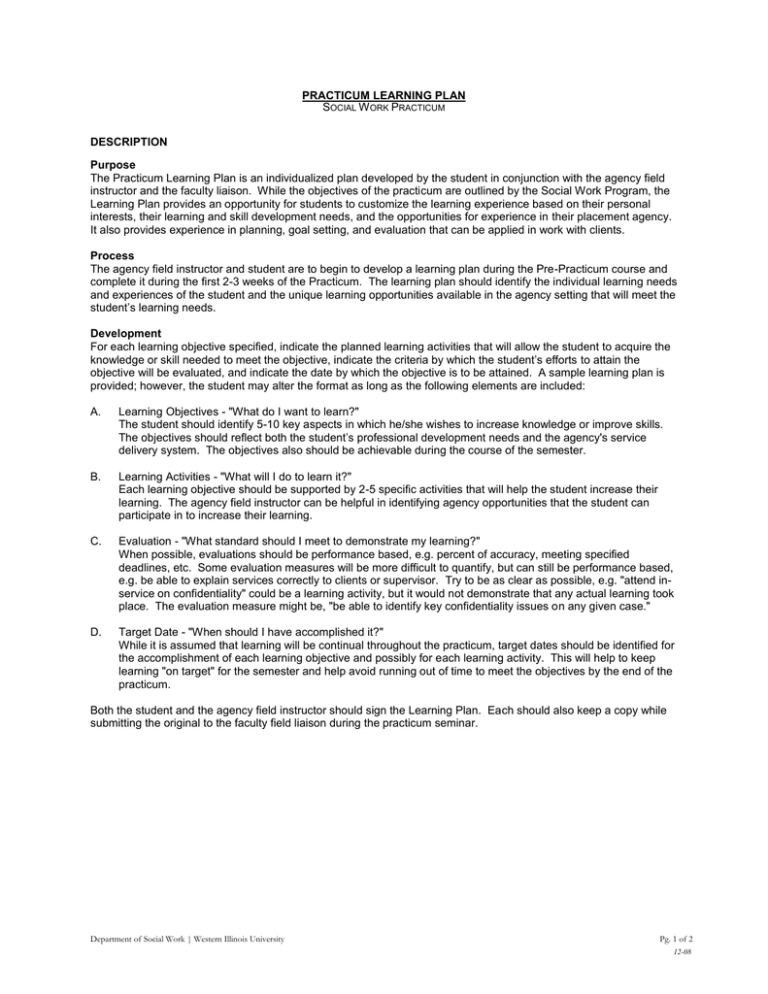 Social Work Practicum Learning Plan - Western Illinois University