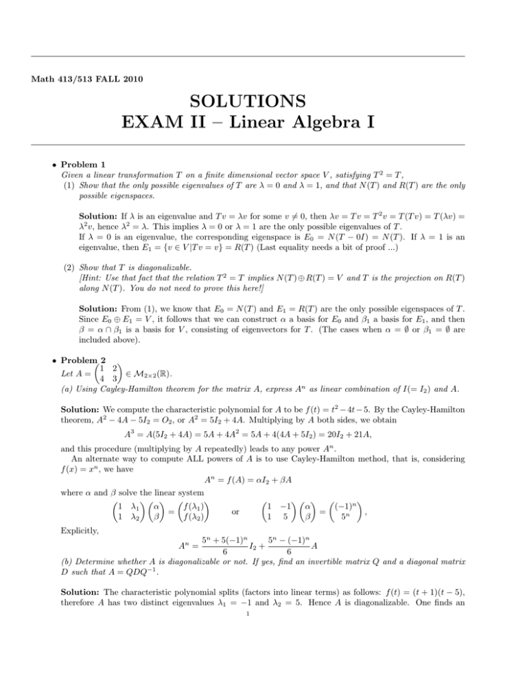 SOLUTIONS EXAM II – Linear Algebra I