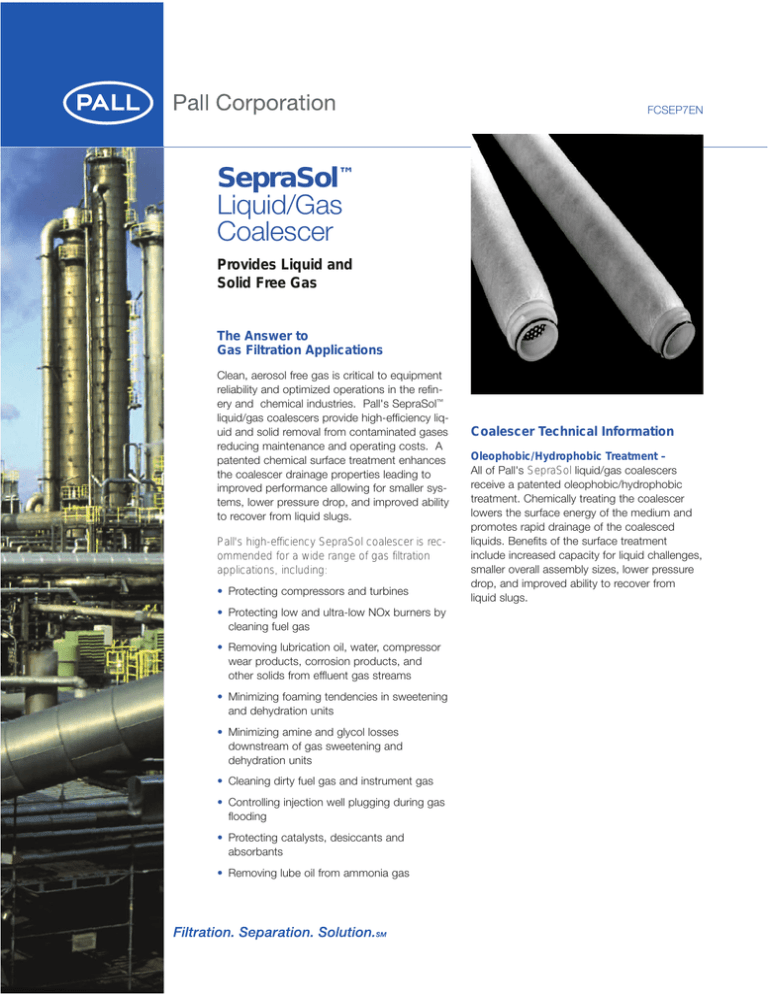 SepraSol Liquid/Gas Coalescer Brochure | Pall Corporation