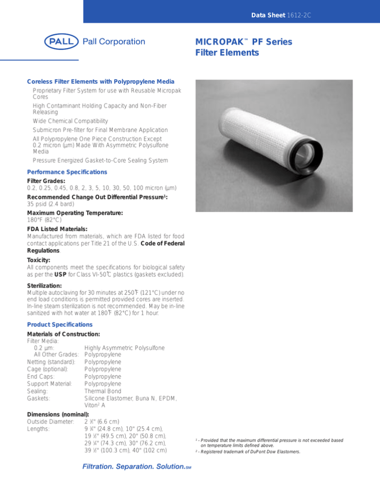 MICROPAK PF Series Filter Elements Data Sheet