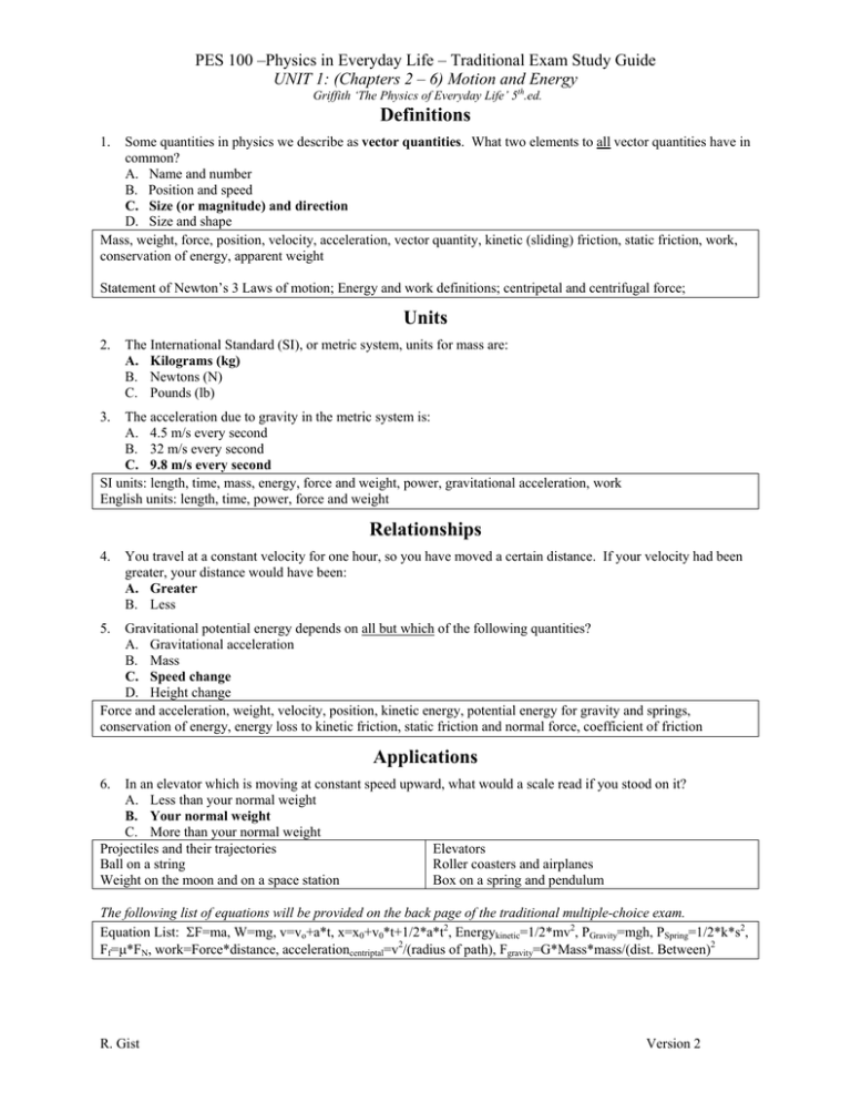 Physics Study Guide: Motion and Energy - PES 100