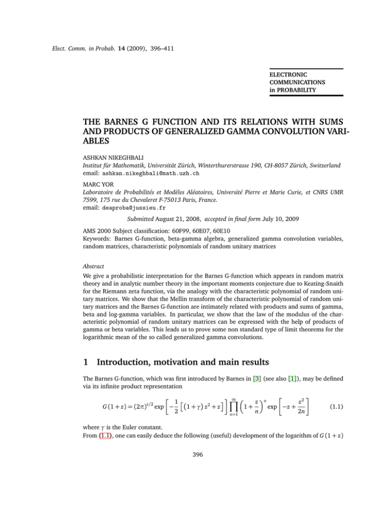 THE BARNES G FUNCTION AND ITS RELATIONS WITH SUMS ABLES