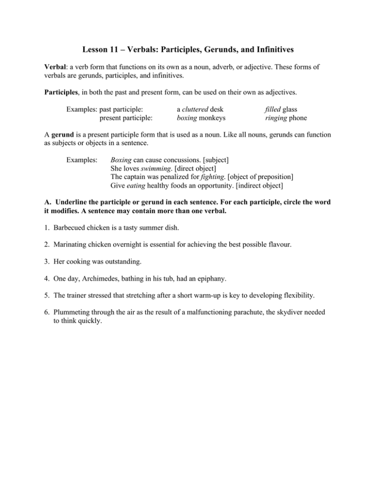 Verbals: Participles, Gerunds, Infinitives Worksheet