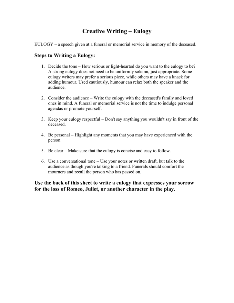 Eulogy Writing Guide: Creative Writing Worksheet