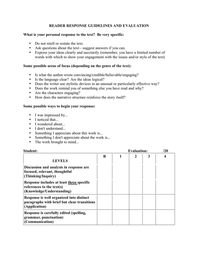 READER RESPONSE GUIDELINES AND EVALUATION