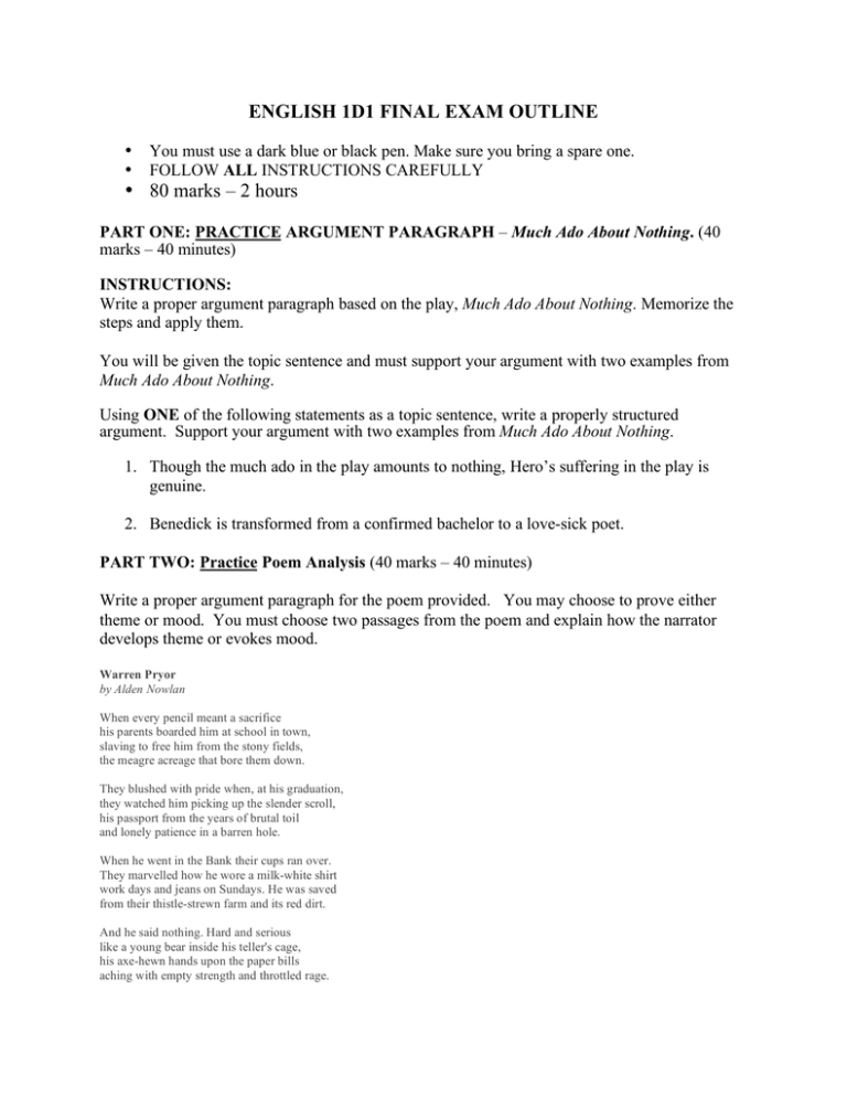 English 1D1 Final Exam Outline: Much Ado & Poetry