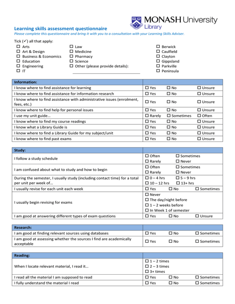 Learning Skills Assessment Questionnaire