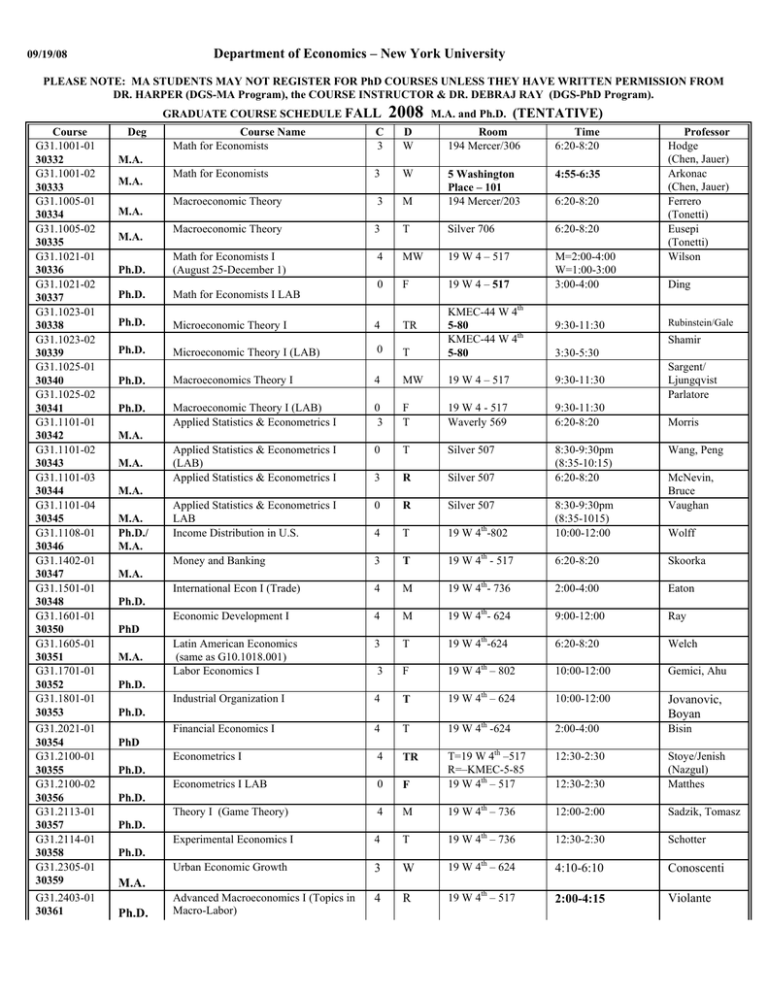 NYU Economics Fall 2008 Course Schedule