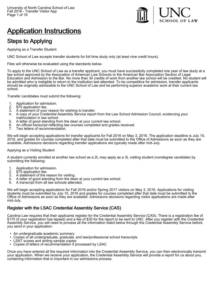 UNC Law Transfer & Visitor Application Instructions