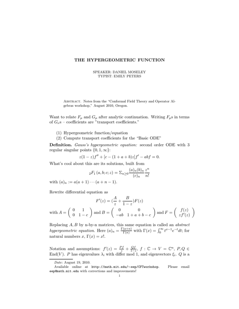 THE HYPERGEOMETRIC FUNCTION
