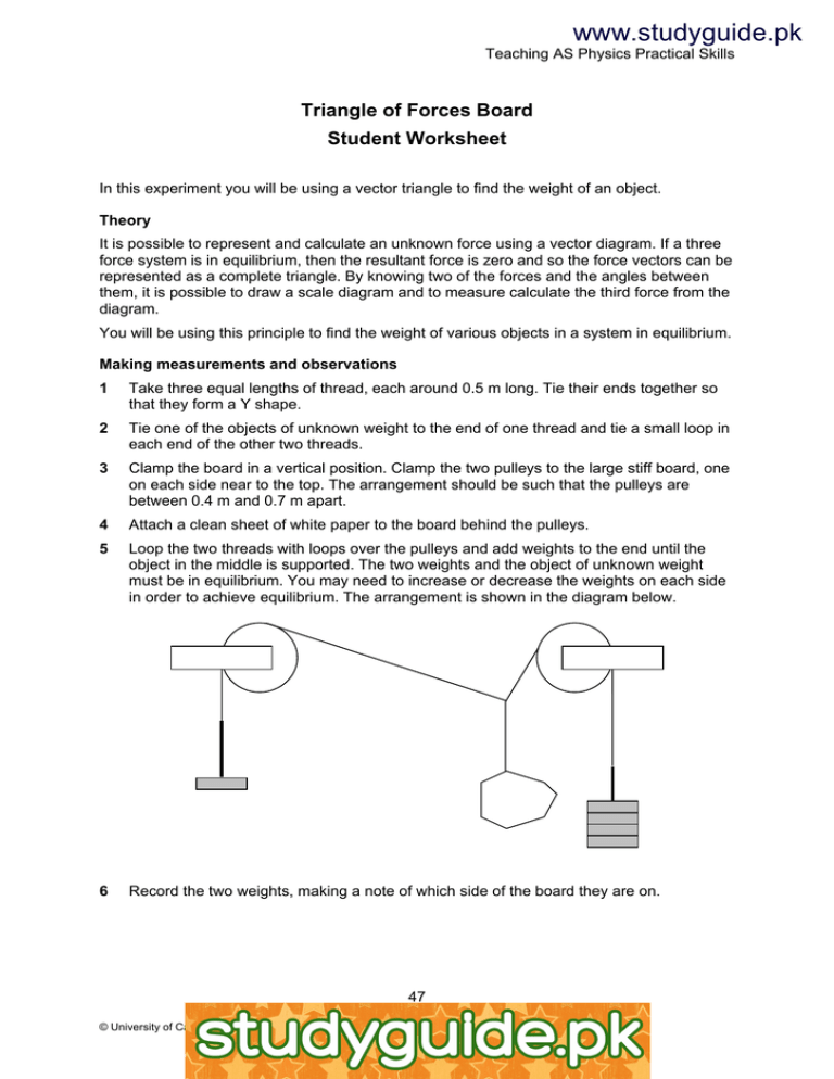 Triangle of Forces Experiment: Physics Worksheet