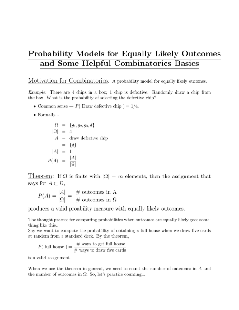 Probability Models for Equally Likely Outcomes and Some Helpful Combinatorics Basics