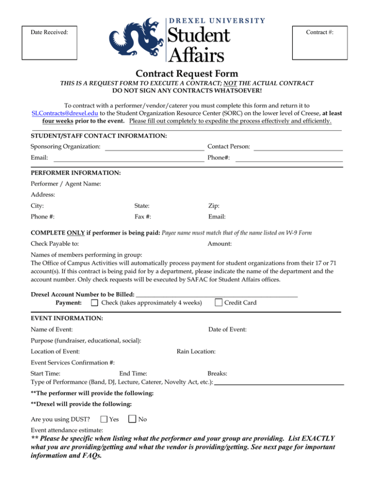 Drexel Contract Request Form - Student Events