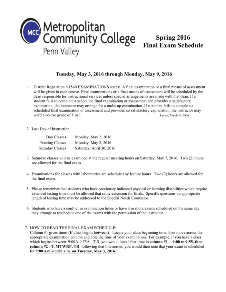 Spring 2016 Final Exam Schedule