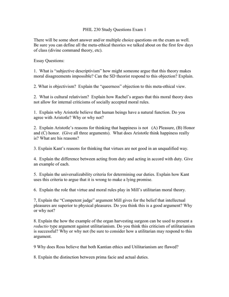 PHIL 230 Study Questions Exam 1