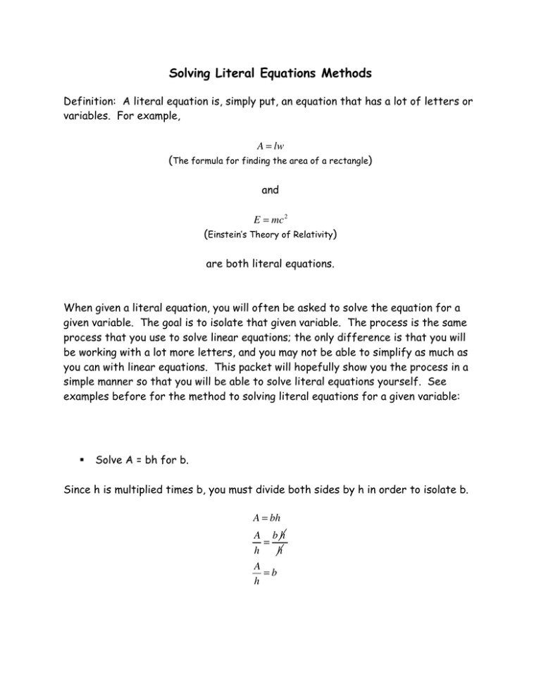 Solving Literal Equations Methods