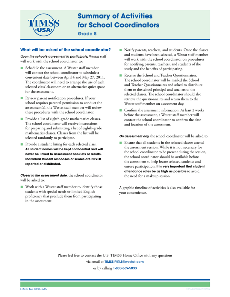 TIMSS Grade 8 School Coordinator Activities Summary