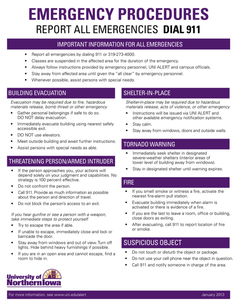 EMERGENCY PROCEDURES DIAL 911 IMPORTANT INFORMATION FOR ALL EMERGENCIES