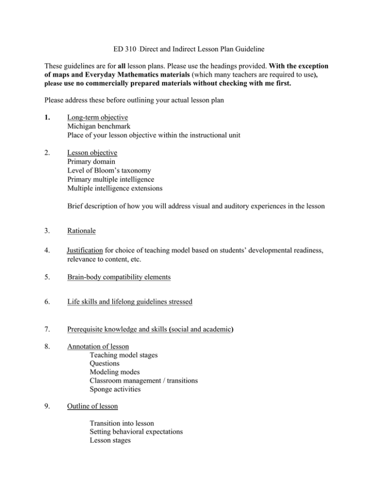 ED 310 Direct and Indirect Lesson Plan Guideline all