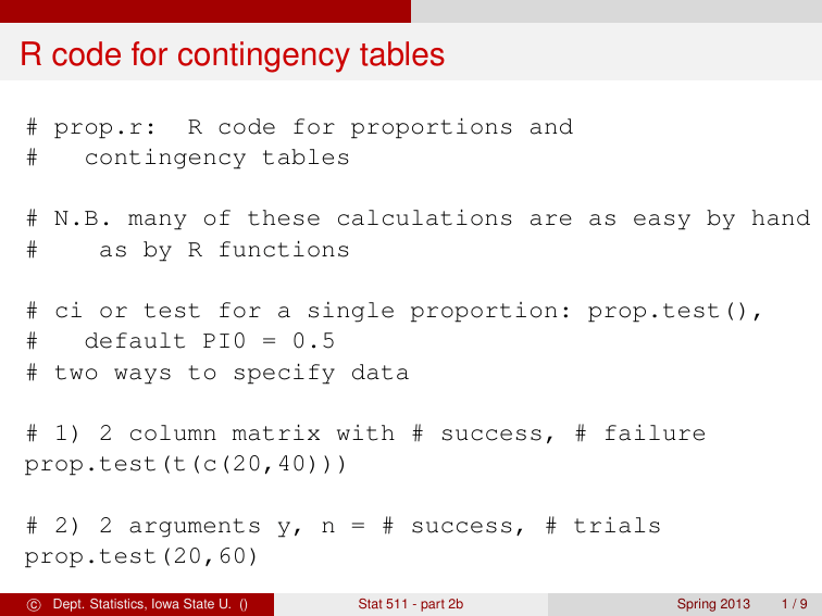 R Code for Contingency Tables: prop.test, chisq.test