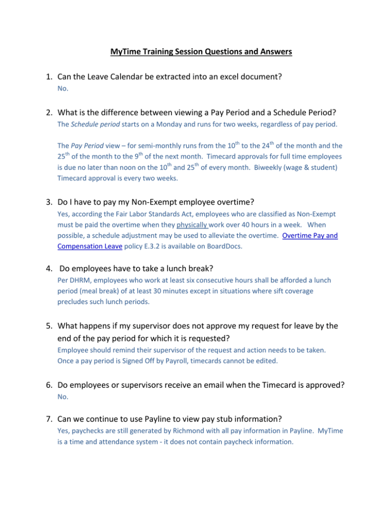 MyTime Training Session Questions and Answers