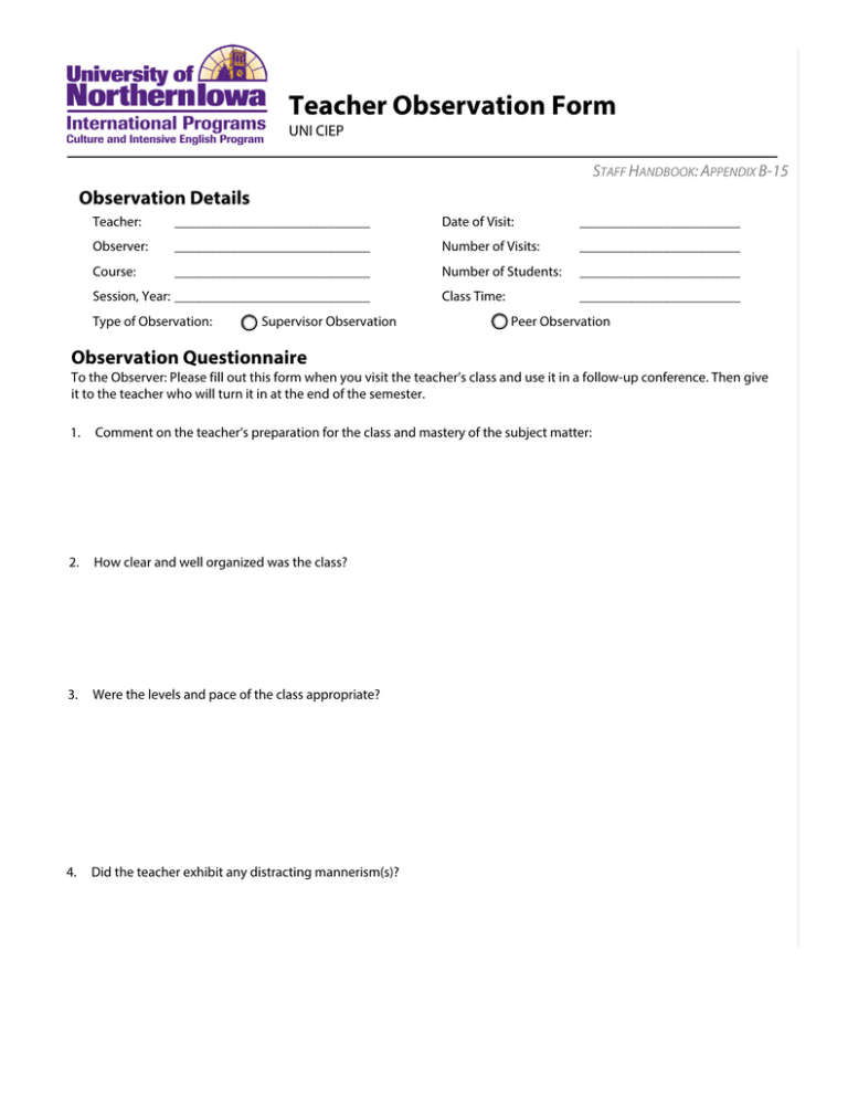 Teacher Observation Form - Classroom Evaluation
