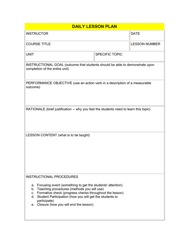 Daily Lesson Plan Template for Educators