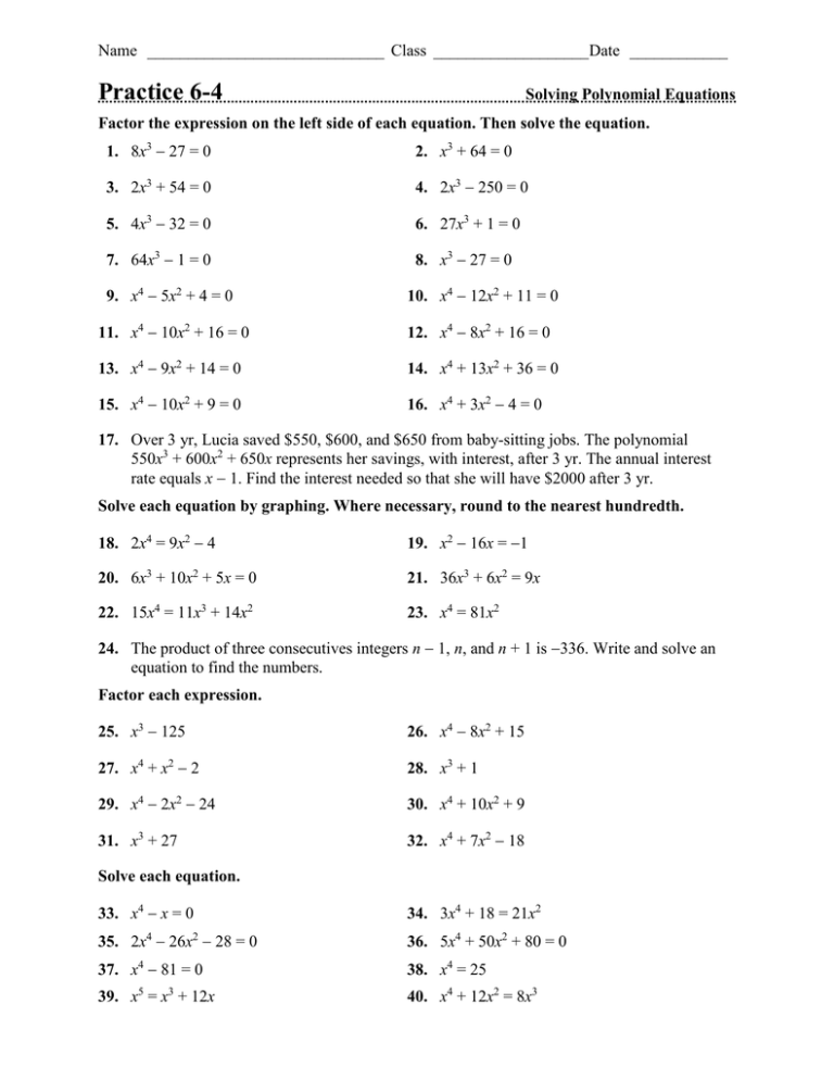 Solving Polynomial Equations Practice Worksheet