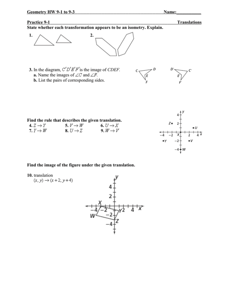 Geometry Transformations Homework: Translations, Reflections, Rotations