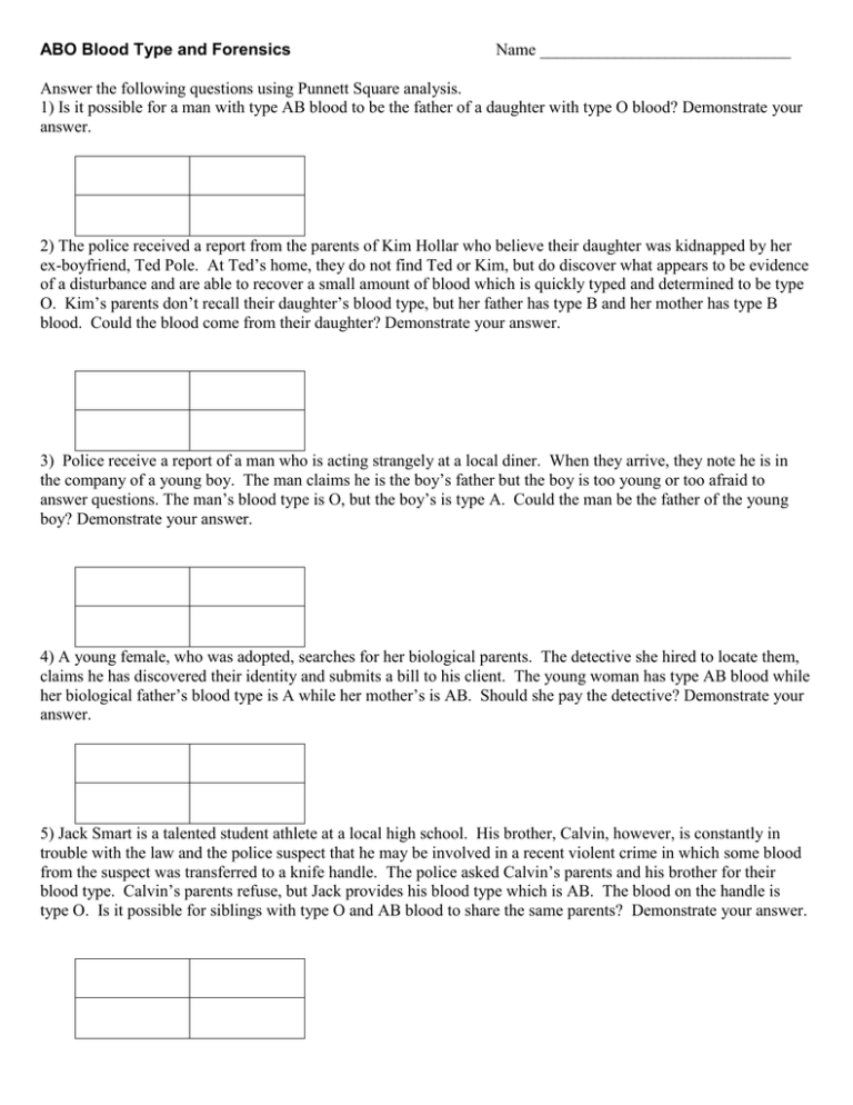 ABO Blood Type Forensics Worksheet: Punnett Square Practice