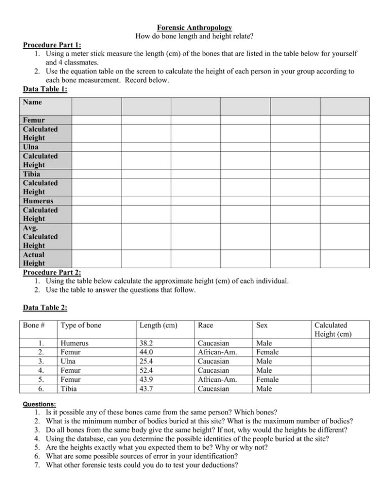 Forensic Anthropology: Bone Length & Height Worksheet