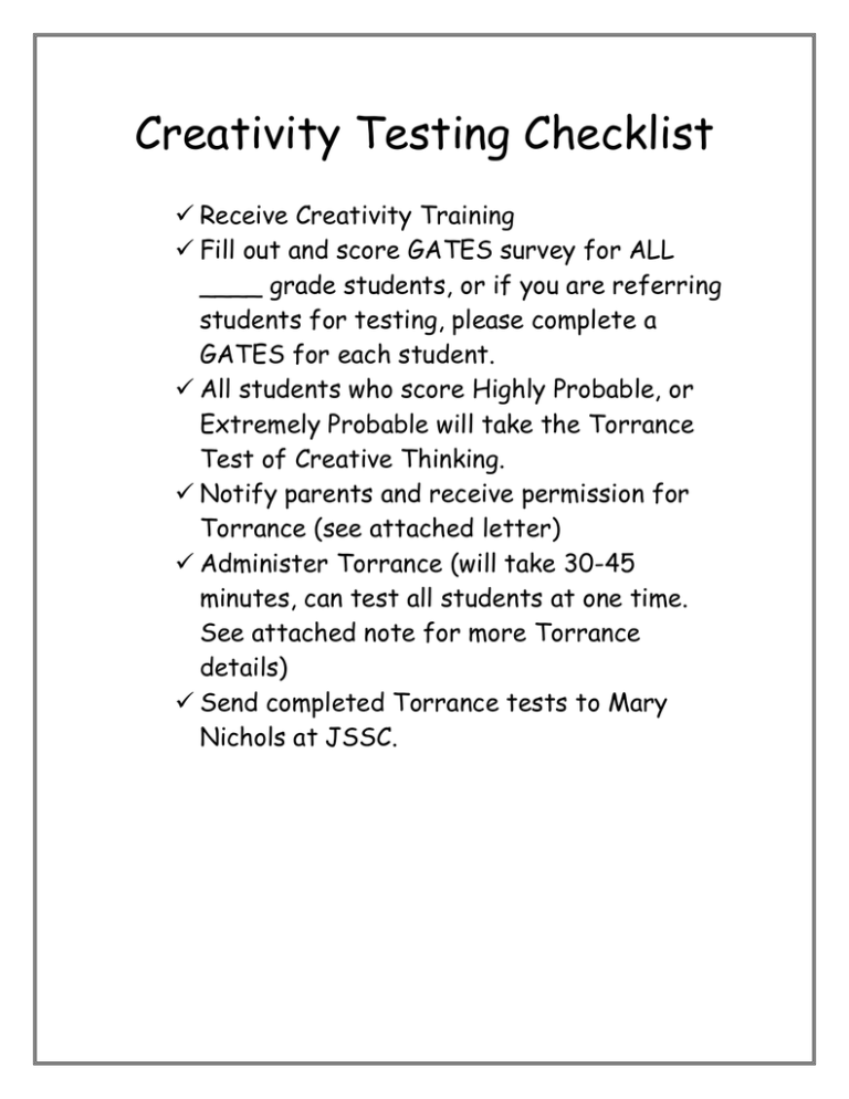 Creativity Testing Checklist: GATES & Torrance Test