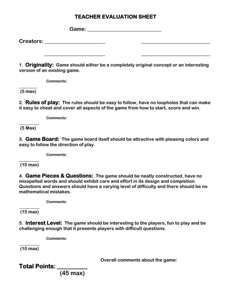 Teacher Game Evaluation Sheet