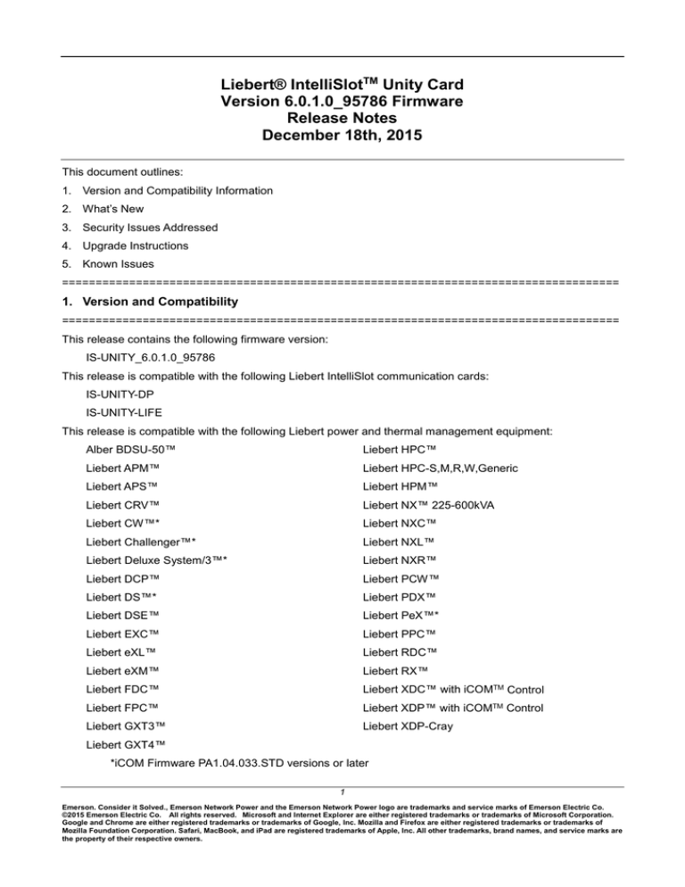 Liebert IntelliSlot Unity Card Firmware Release Notes