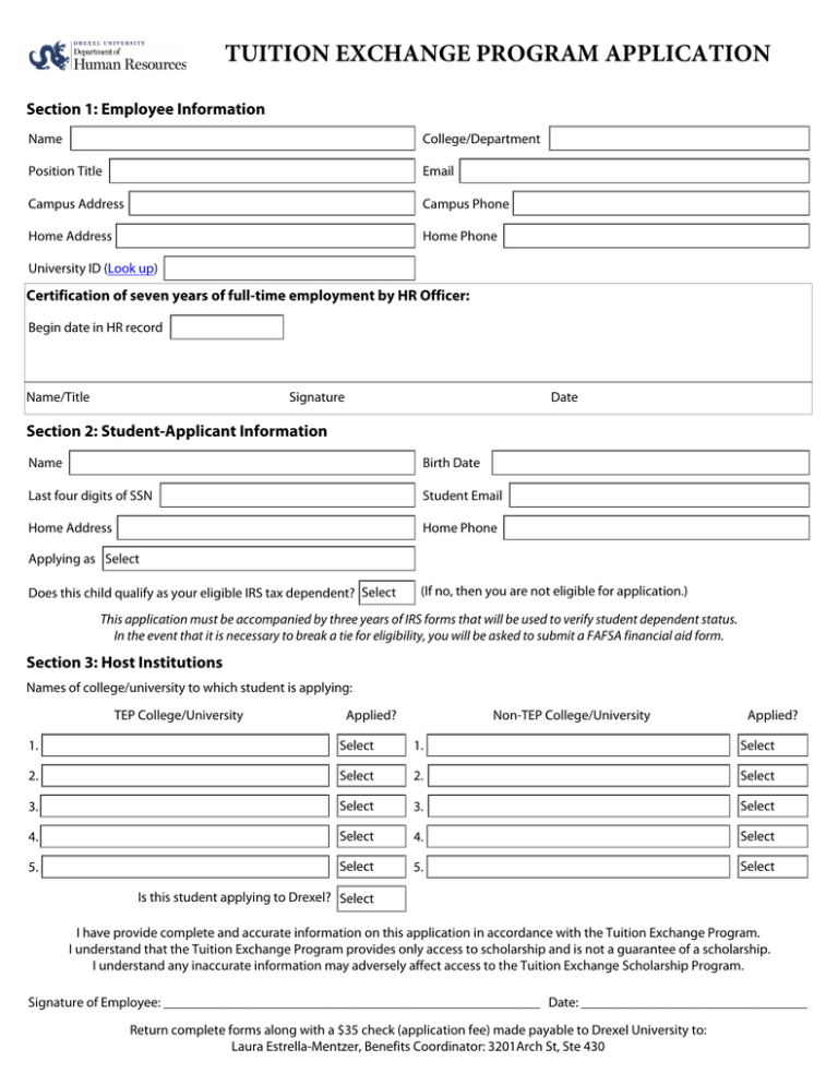 TUITION EXCHANGE PROGRAM APPLICATION Section 1: Employee Information