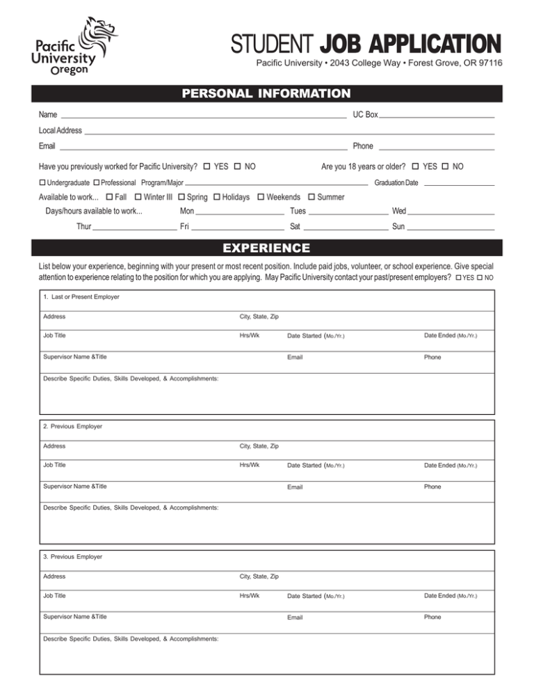 Pacific University Student Job Application Form