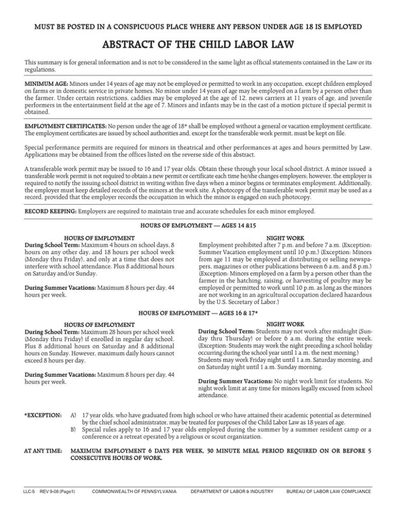 PA Child Labor Law Abstract: Age, Hours, & Restrictions