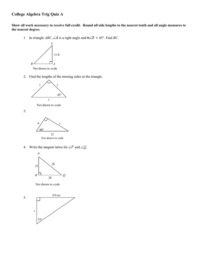 College Algebra Trig Quiz A