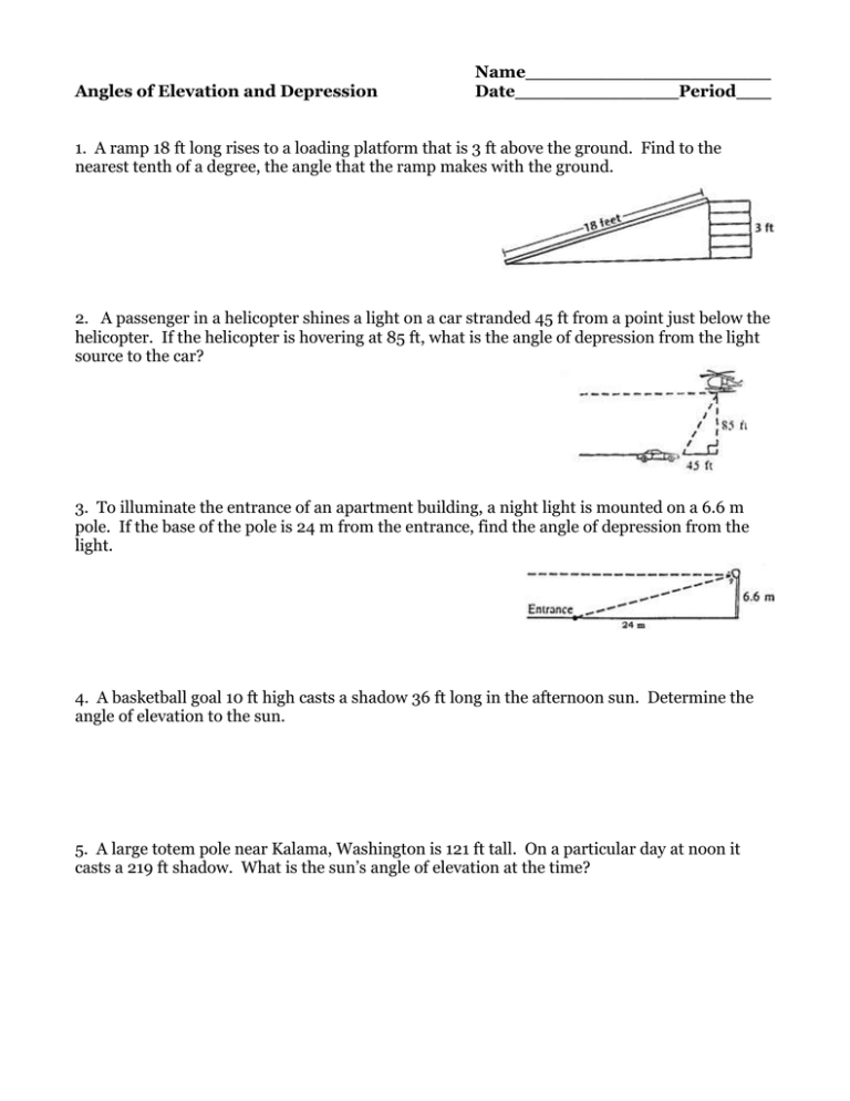 Angles of Elevation and Depression Worksheet
