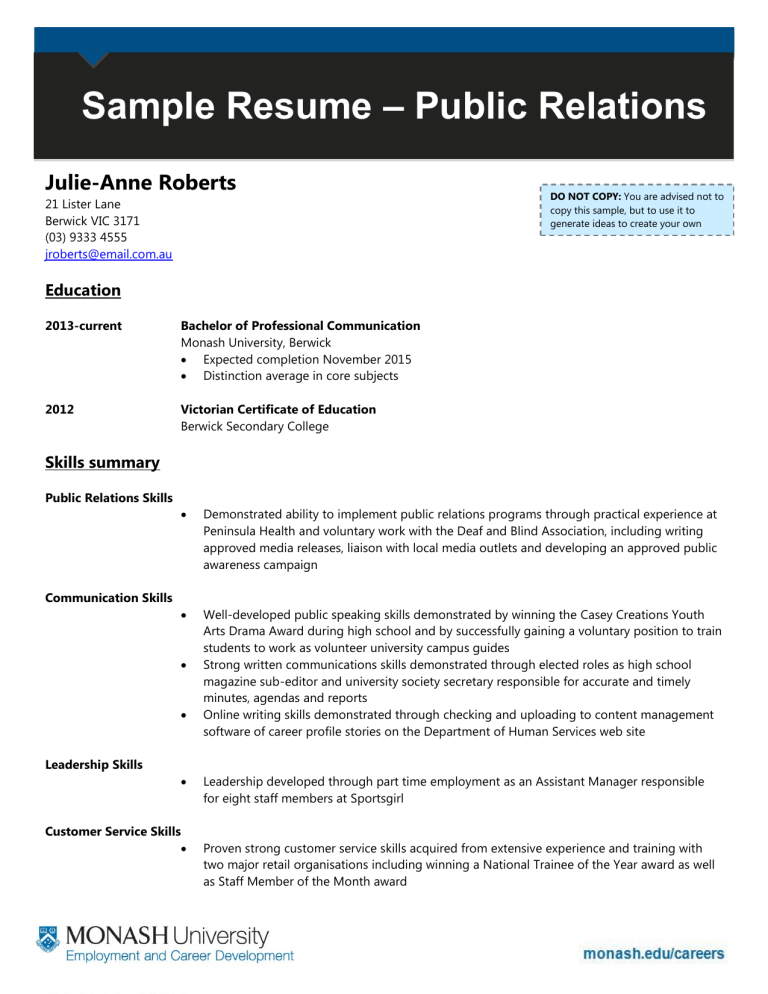 Public Relations Sample Resume Julie-Anne Roberts