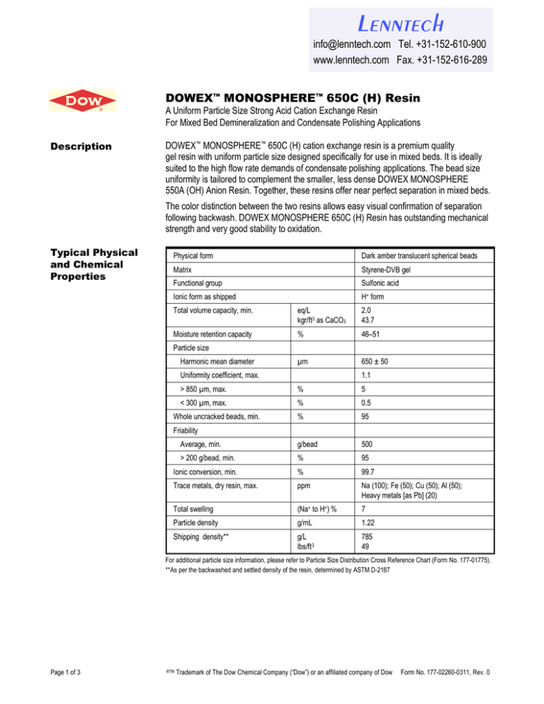 DOWEX™ 650C (H) Resin: Strong Acid Cation Exchange Resin
