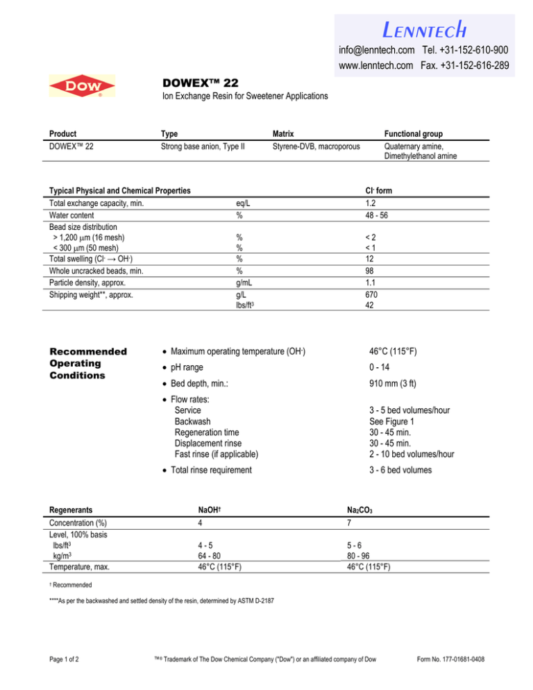 DOWEX™ 22 Ion Exchange Resin Data Sheet
