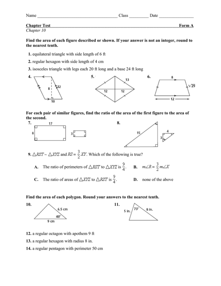 Chapter 10 Geometry Test: Area Calculations & Ratios